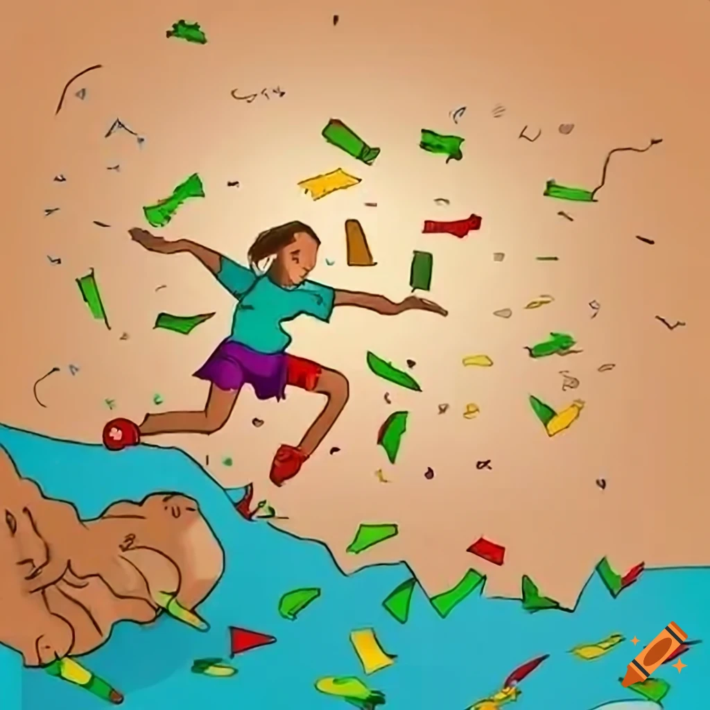Child chasing colorful paper money off a cliff in an adventure scene on ...