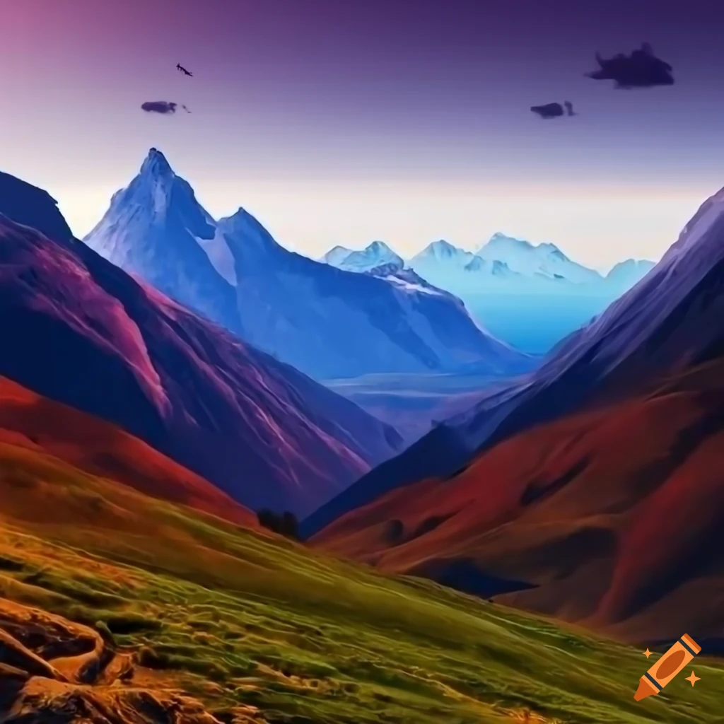 Idyllic mountain landscape at noon in high definition on Craiyon