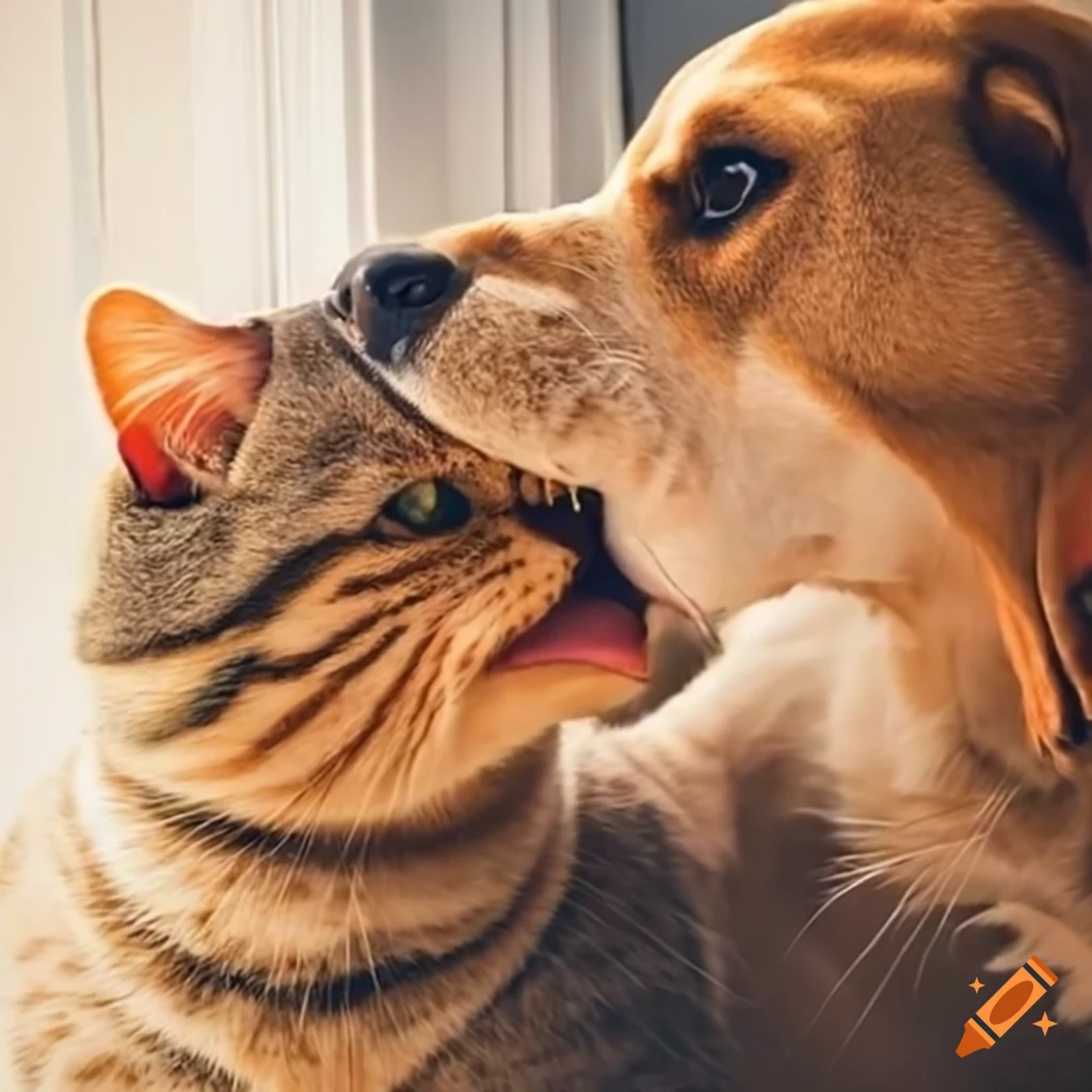 Dog and cat sharing affection on Craiyon