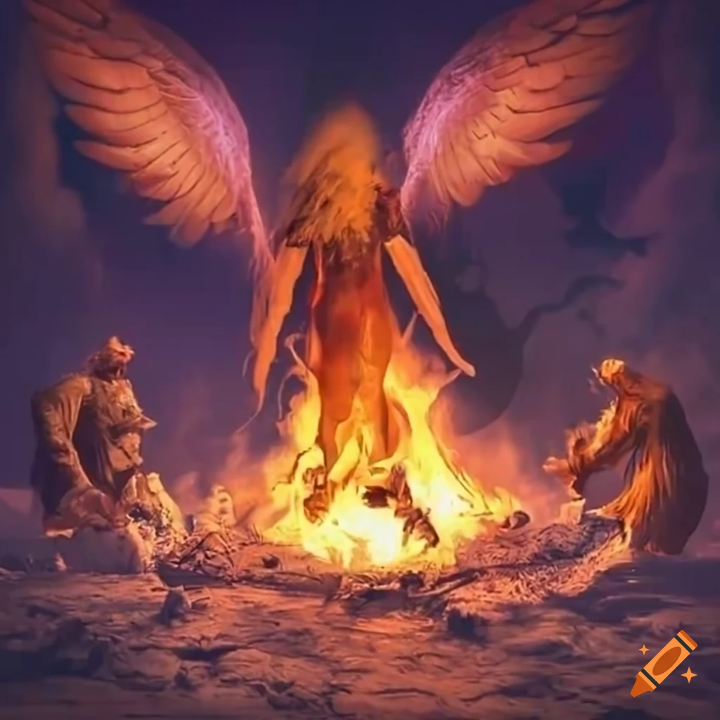 Angels and demons battling over a man at a campfire on Craiyon