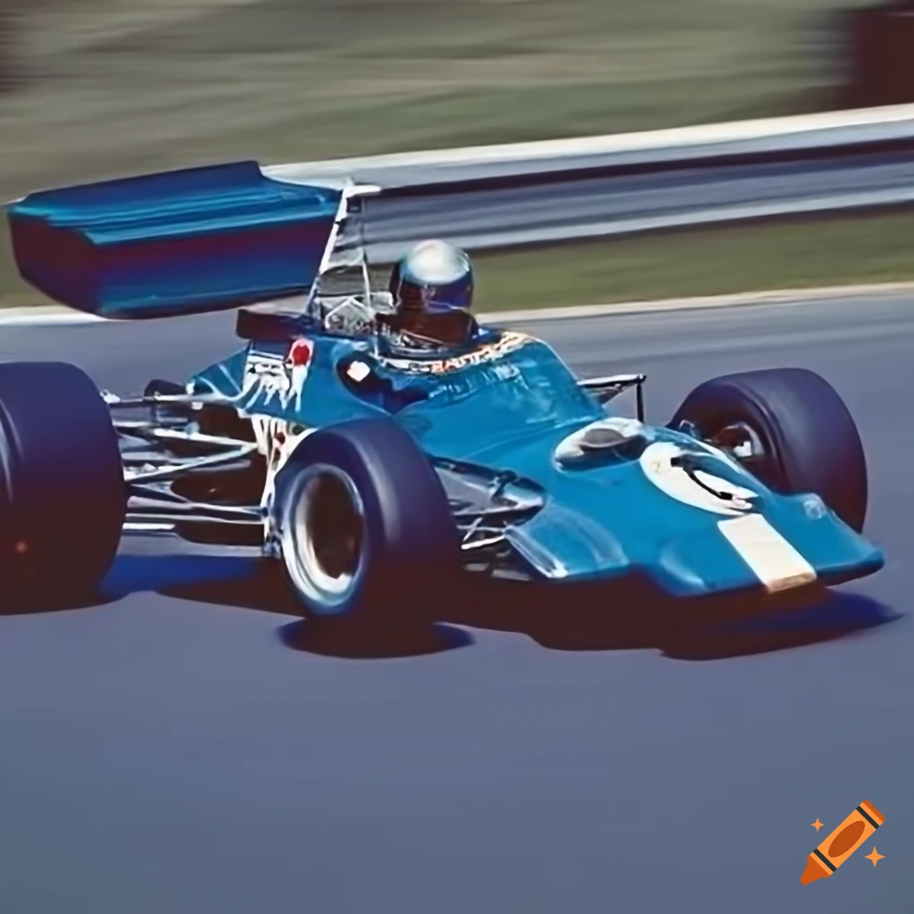 Blue F1 car racing on a 1970's racetrack on Craiyon