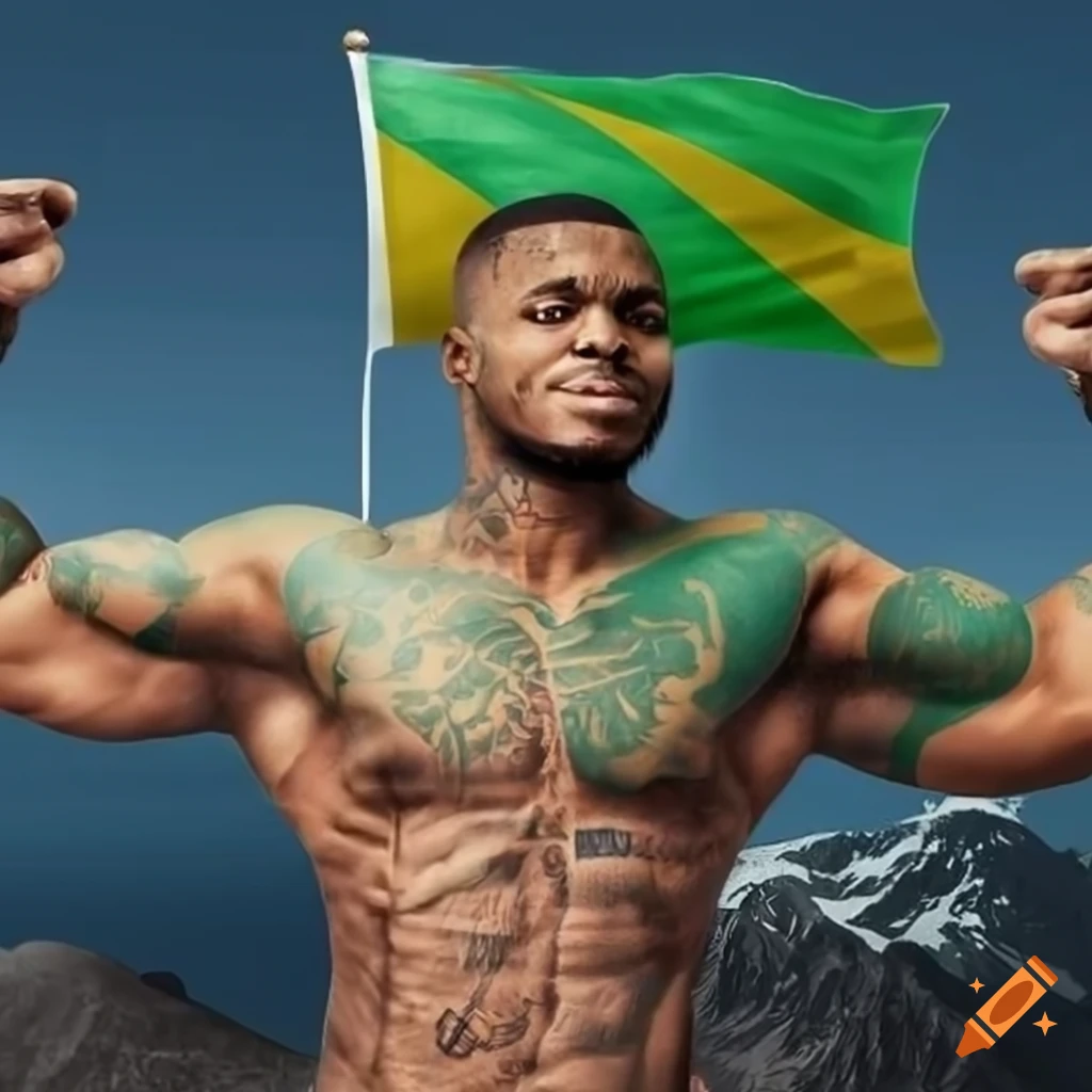 Muscular man with tattoos holding Jamaica flag on mountain top on Craiyon