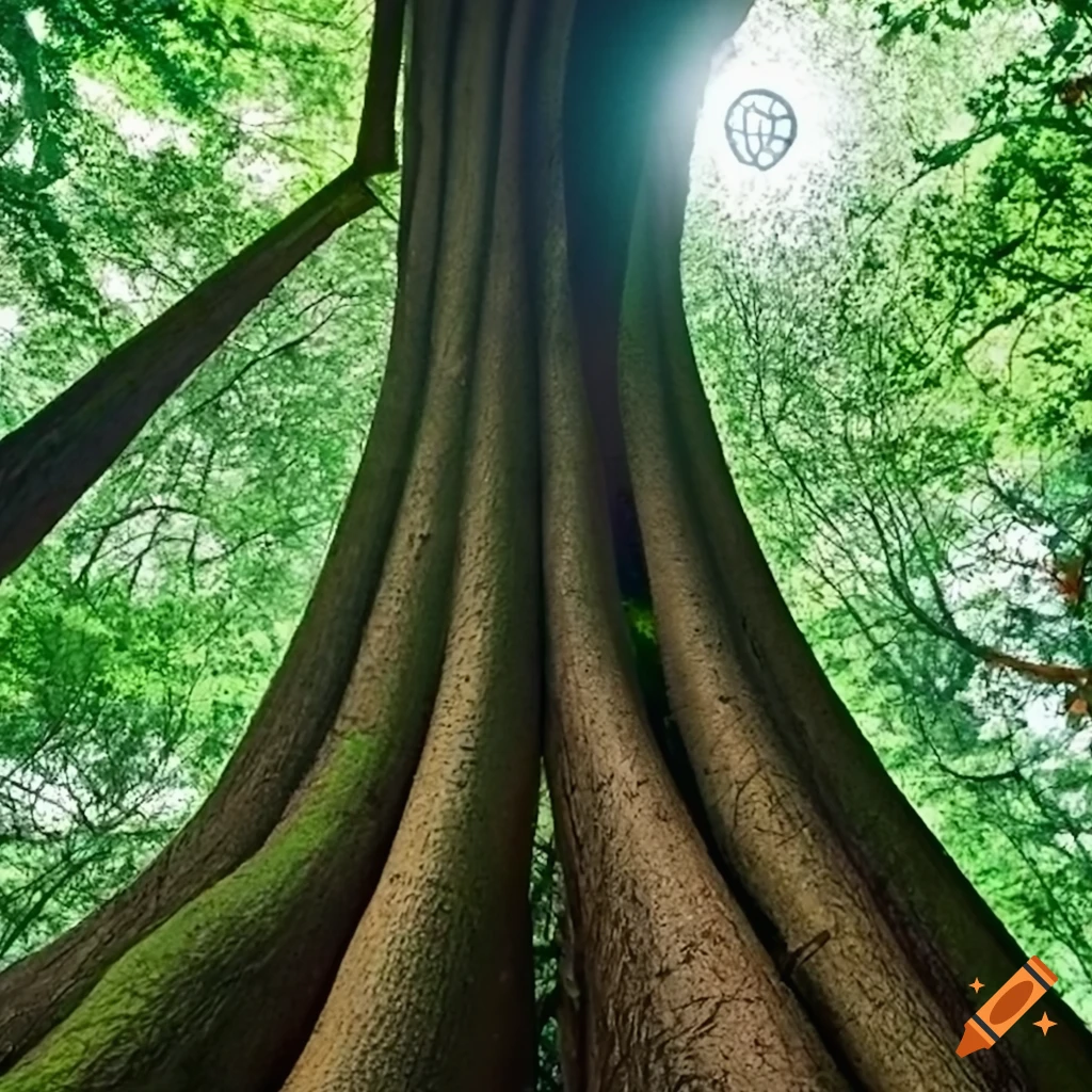Tall tree standing proud in the park with roots and branches reaching ...