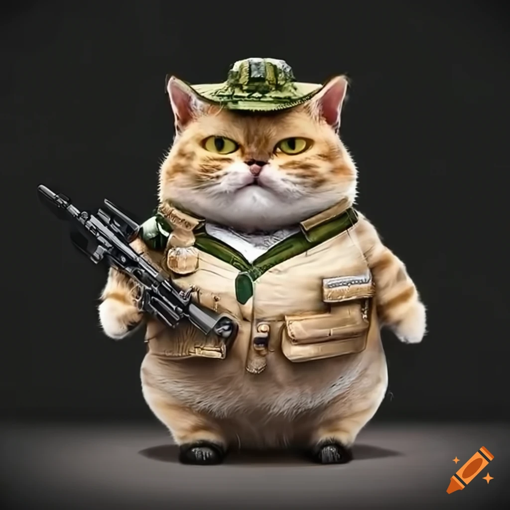 Chubby cat in military attire holding m4a1 gun on Craiyon