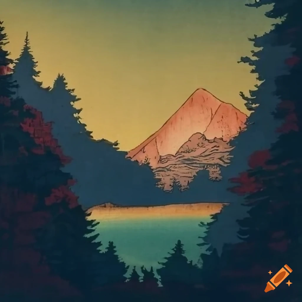 Japanese ukiyo-e print of deer in mountain forest during fall with alpenglow colors on Craiyon