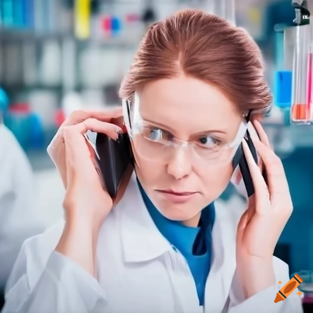 Woman scientist talking on the phone in a busy laboratory on Craiyon