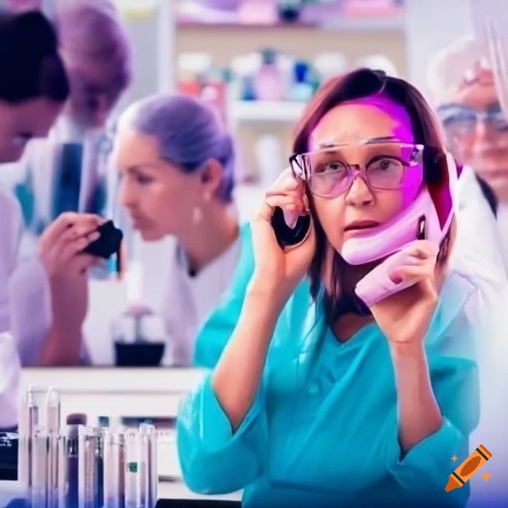 Woman scientist on an 80's phone in a busy laboratory on Craiyon