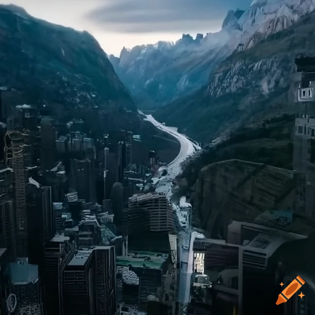 Modern crowded city in a rocky valley with a river on Craiyon