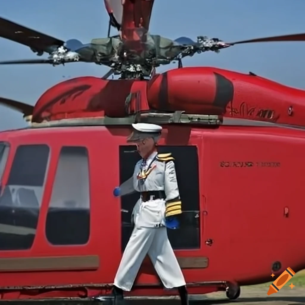 Admiral in uniform standing next to a red helicopter on Craiyon