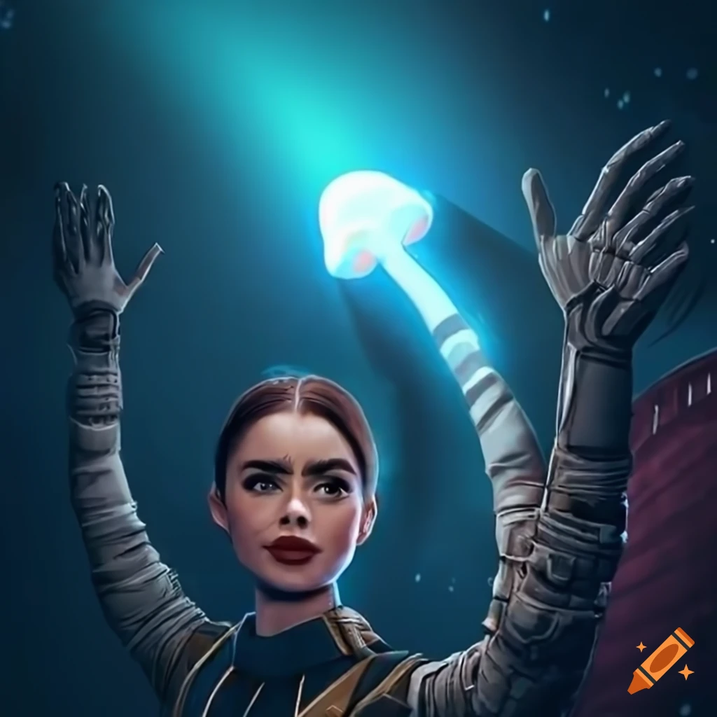 Lily collins as a rebel princess astronaut climbing a giant mushroom in ...