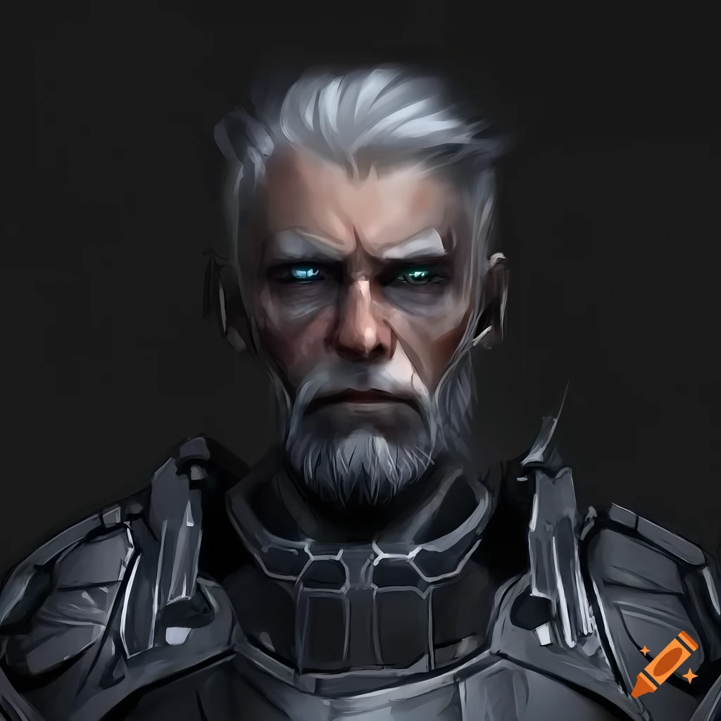 Sci-fi human with grey hair and black armor in digital art on Craiyon