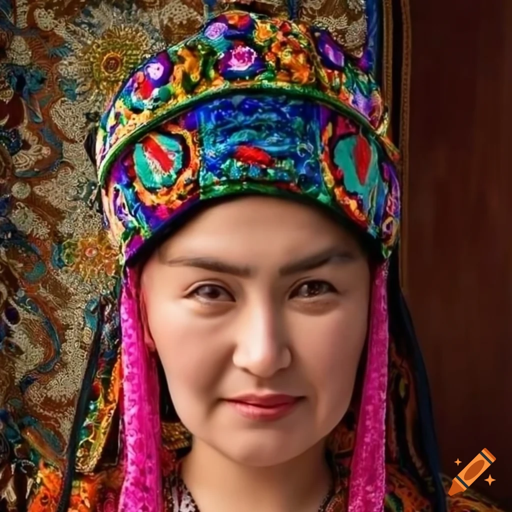 Colorful portrait of a young Uzbek woman in intricate national attire ...