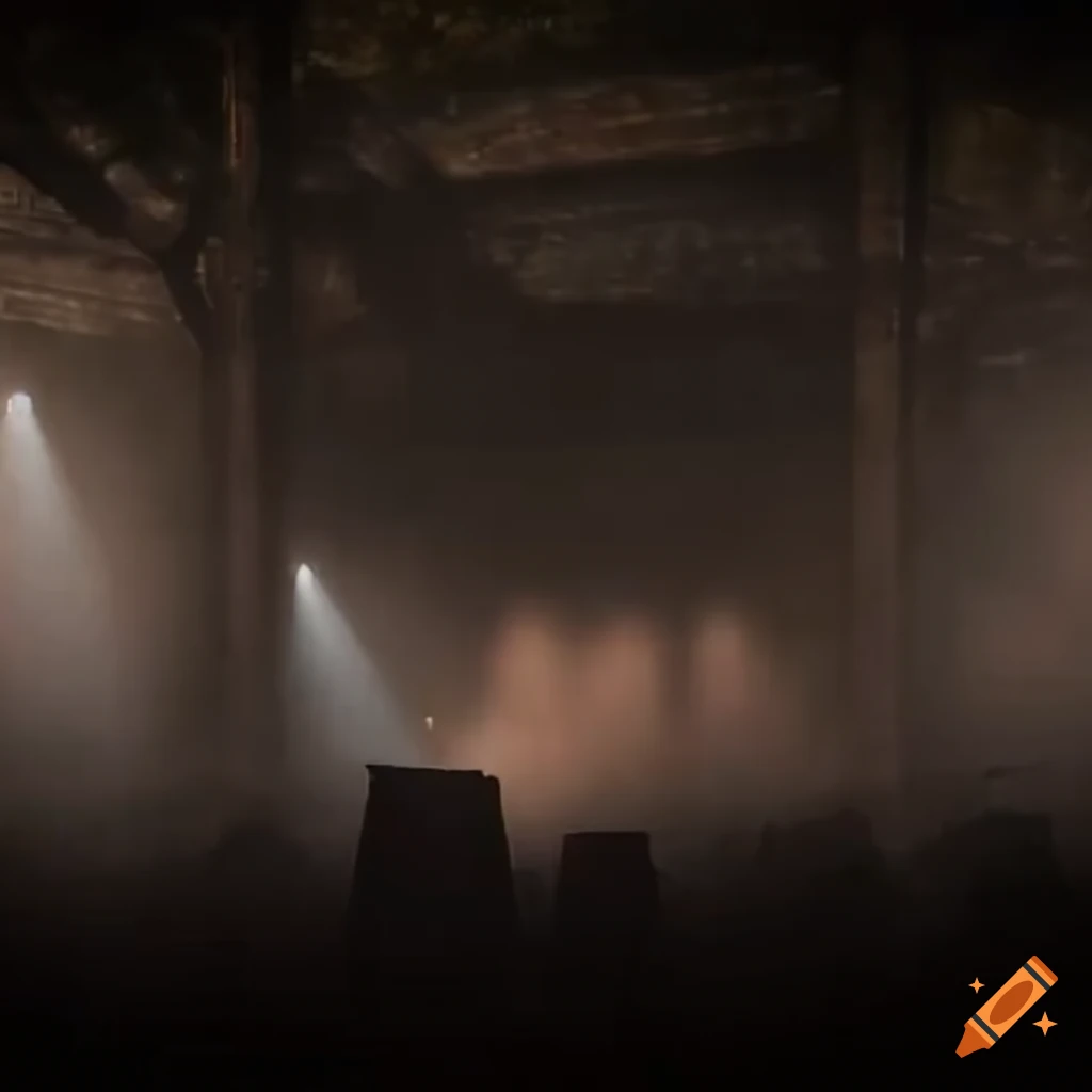 Rustic concert venue with metal band on stage surrounded by fog and ...