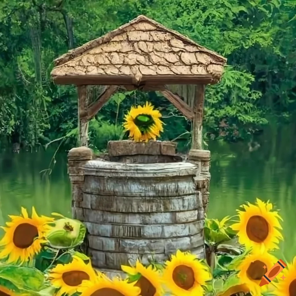 Wishing well surrounded by sunflowers and apple trees on Craiyon