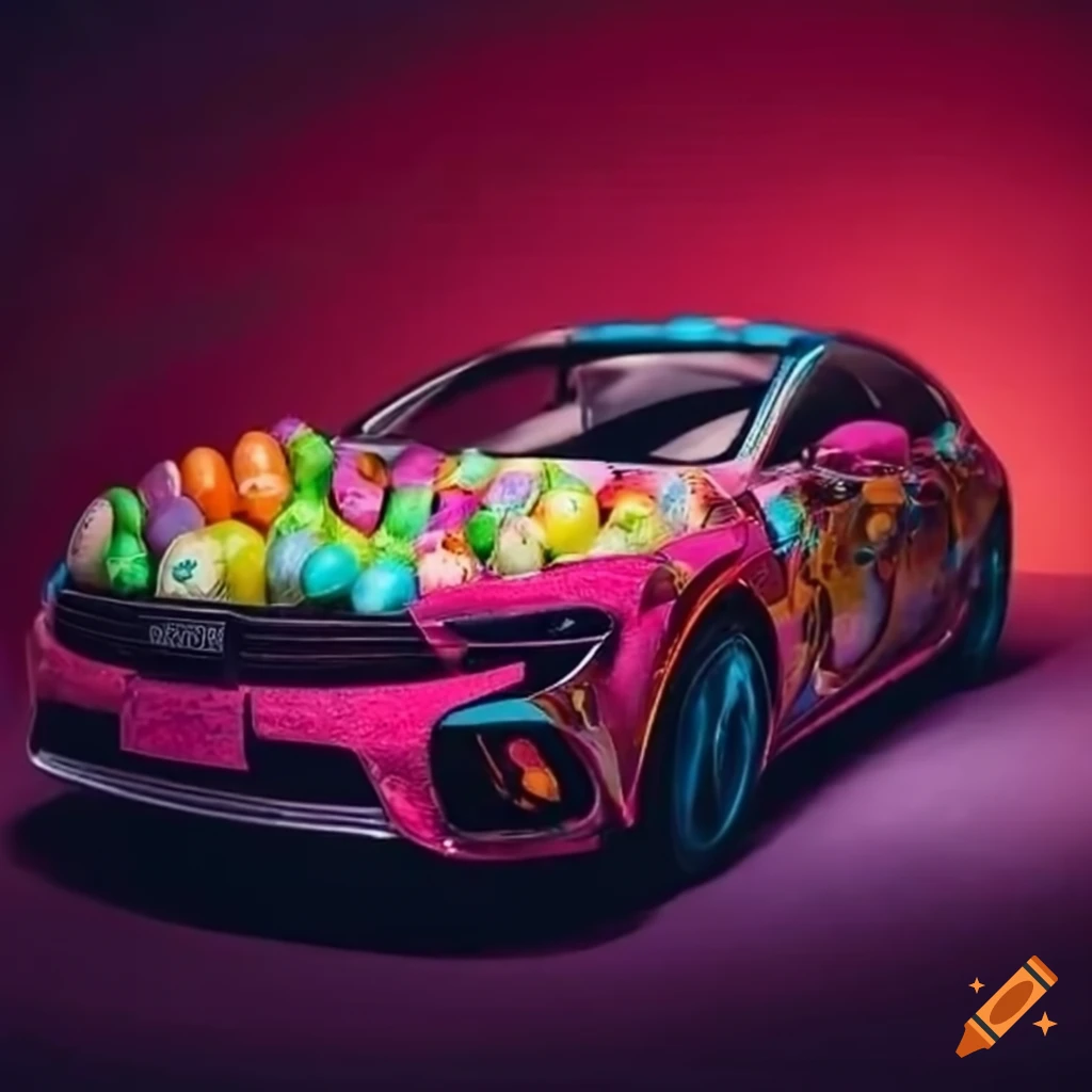 Modern easter-themed automobile filled with eggs and rabbits on Craiyon