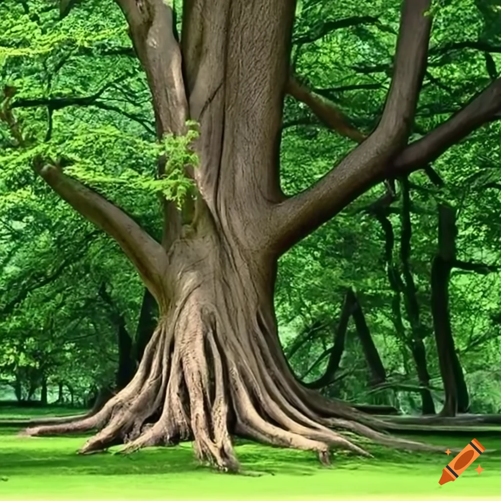 Tall tree standing proud in the park with roots and branches reaching ...