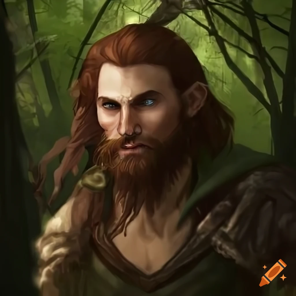 Male ranger with a longbow in a forest setting and a beard on Craiyon