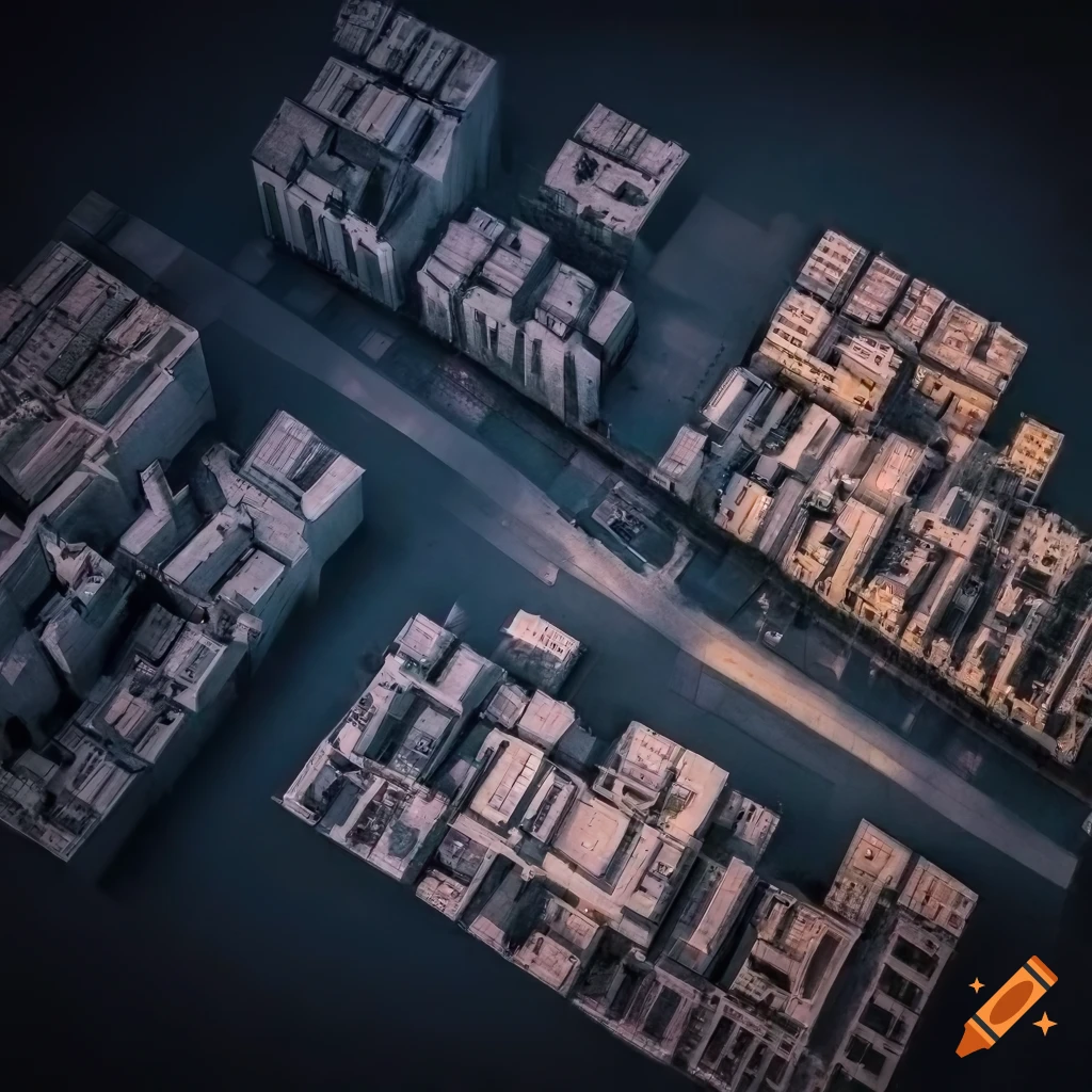 Ultra realistic top-down city architectural plan with a sharp tilt ...