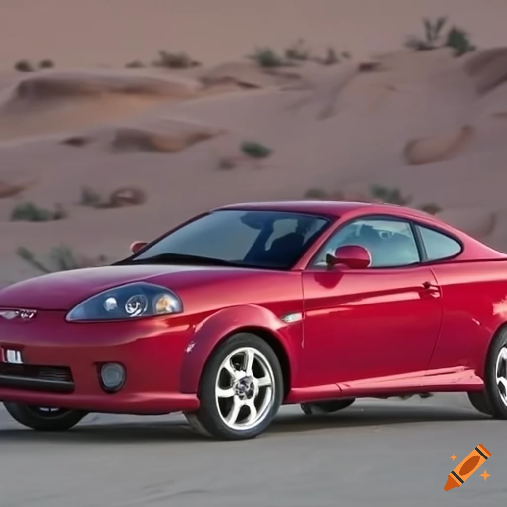 Red 2003 hyundai tiburon in desert setting on Craiyon