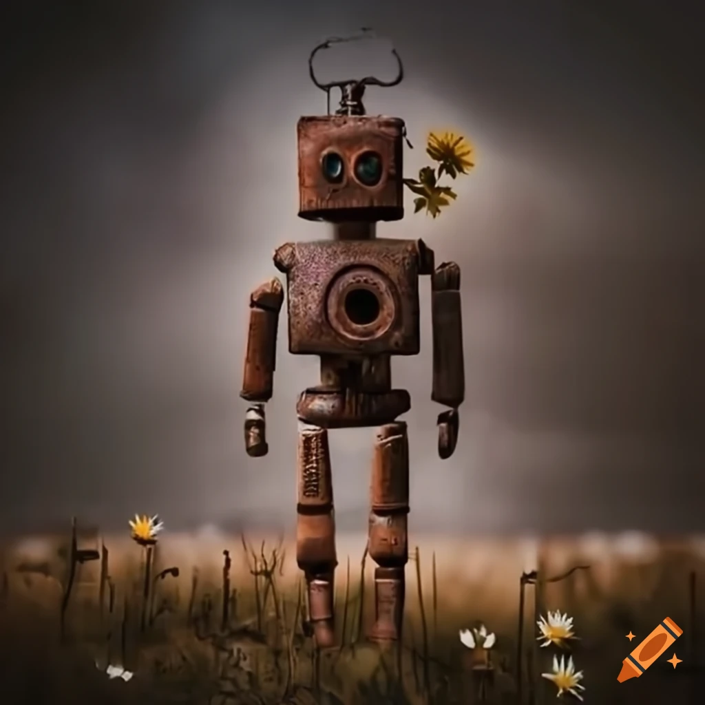 Broken rusted robot with flowers in a dystopian landscape on Craiyon
