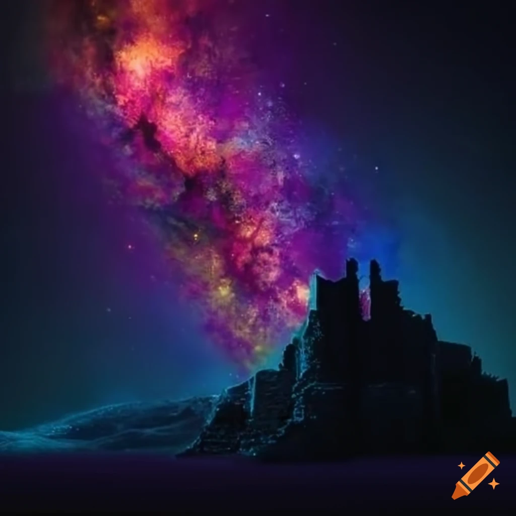 Cosmic ruins depicted in negative colors on Craiyon