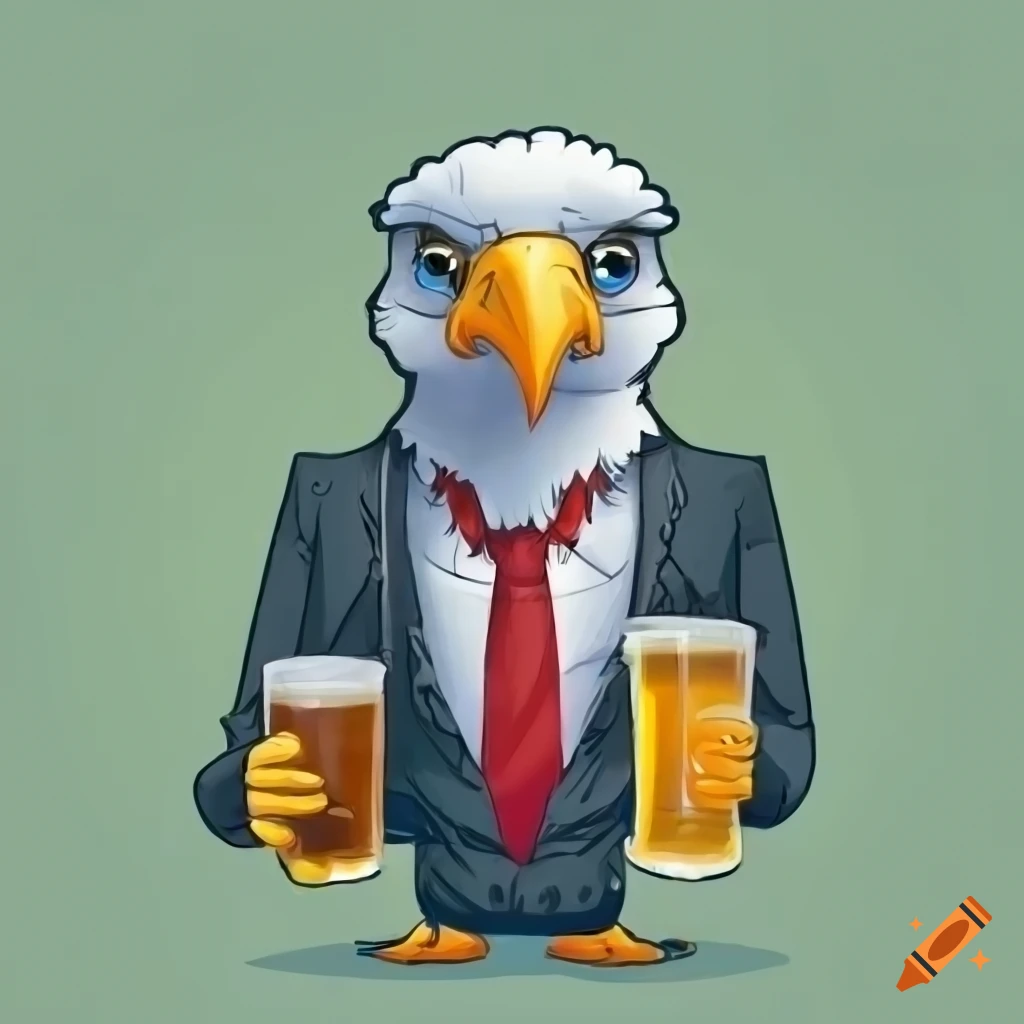 Cartoon eagle in suit with a beer glass winking on Craiyon