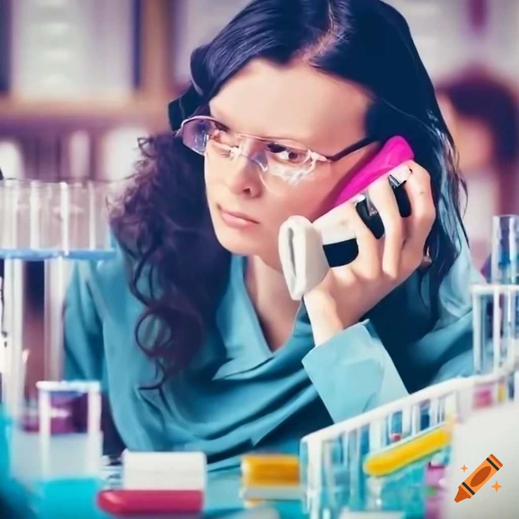 Woman scientist talking on 80's phone in a crowded laboratory on Craiyon