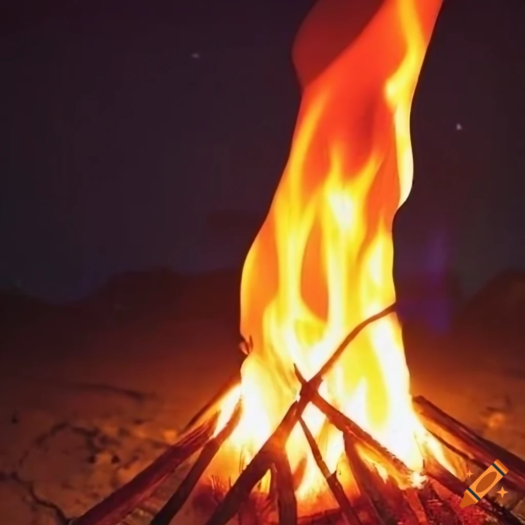 Tall flame of a campfire crackling and flickering in the daylight on ...