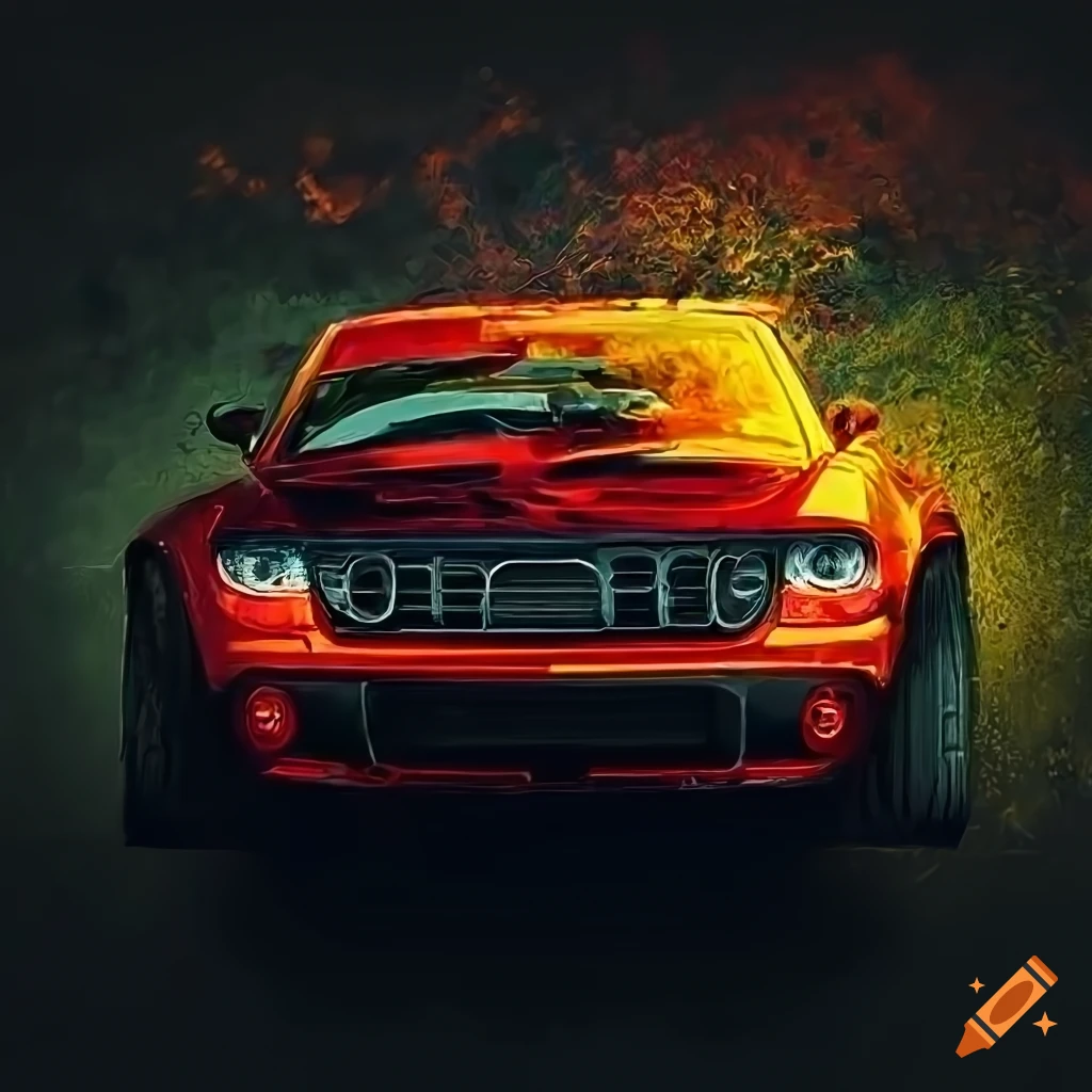 Digital painting of aggressive muscle-car with dark gritty style on Craiyon