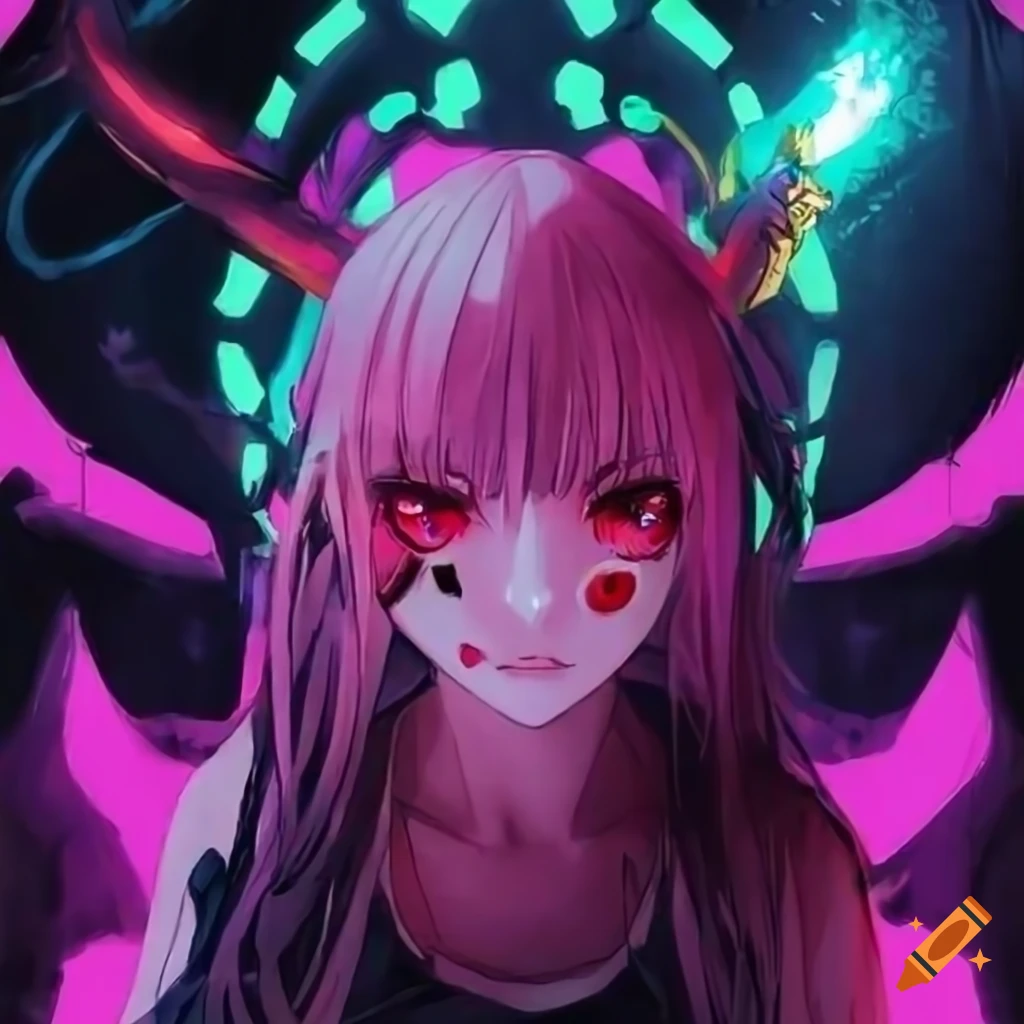 Cyberpunk demon anime girl on breakcore album cover on Craiyon