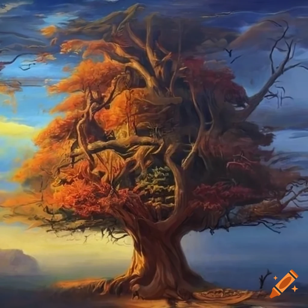 Scenery of an ancient tree in an old painting on Craiyon