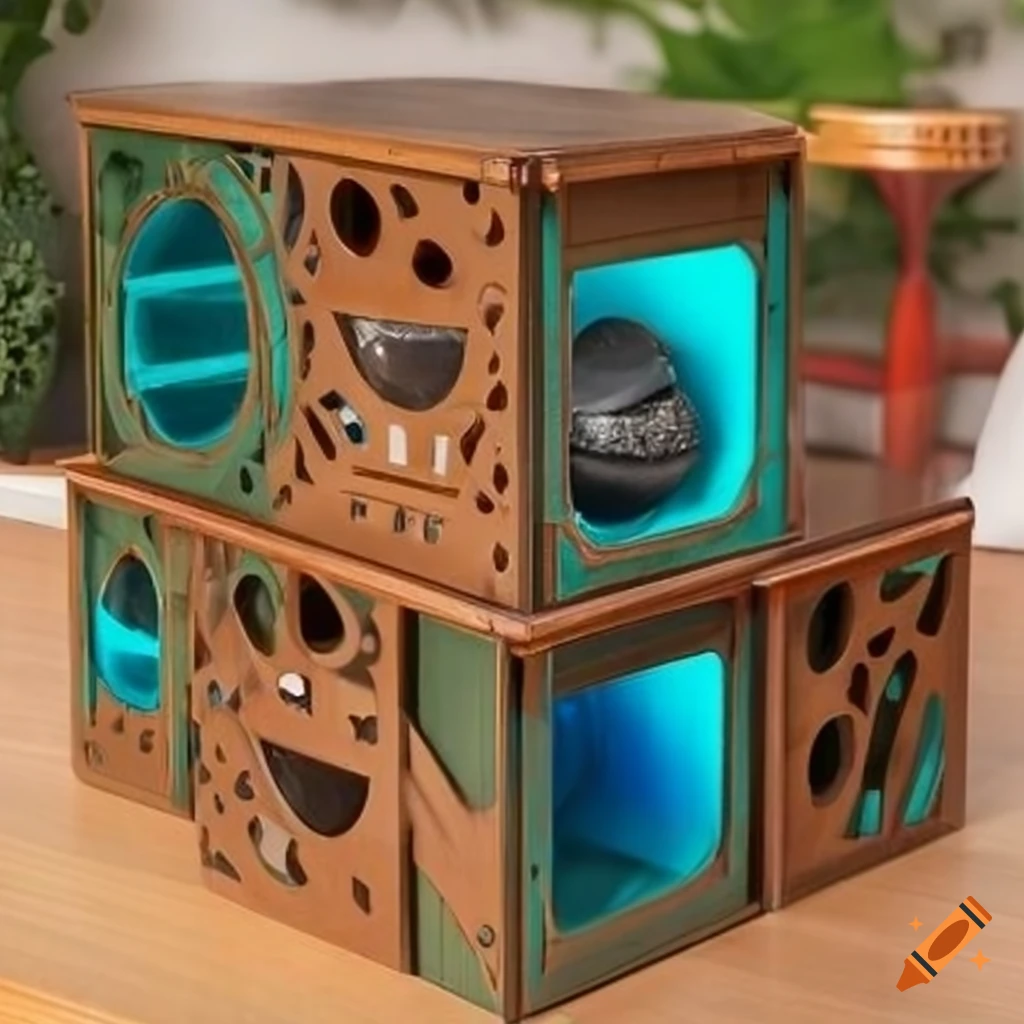 Futuristic solarpunk-inspired eco-friendly stackable storage boxes on ...