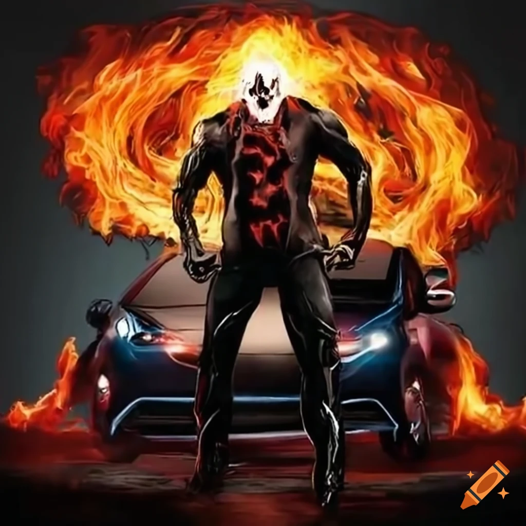 Ghost rider marvel character riding a flaming toyota prius on Craiyon