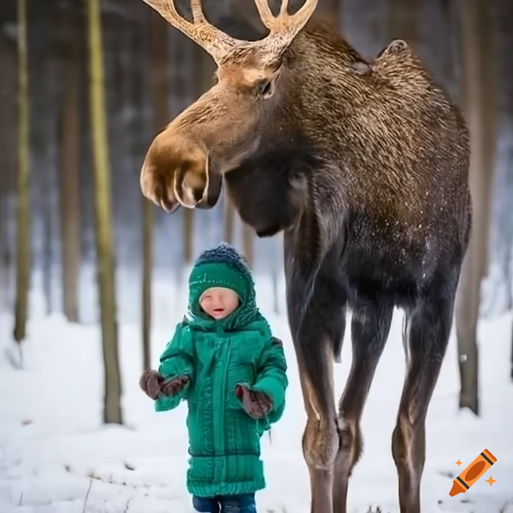Child standing next to a moose in snowy landscape on Craiyon