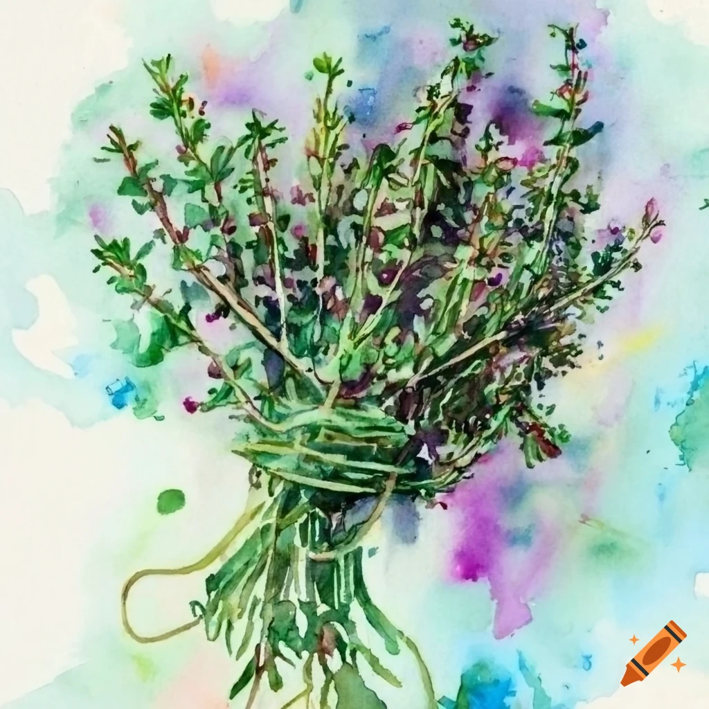 Watercolor painting of a bunch of thyme tied with twine on Craiyon