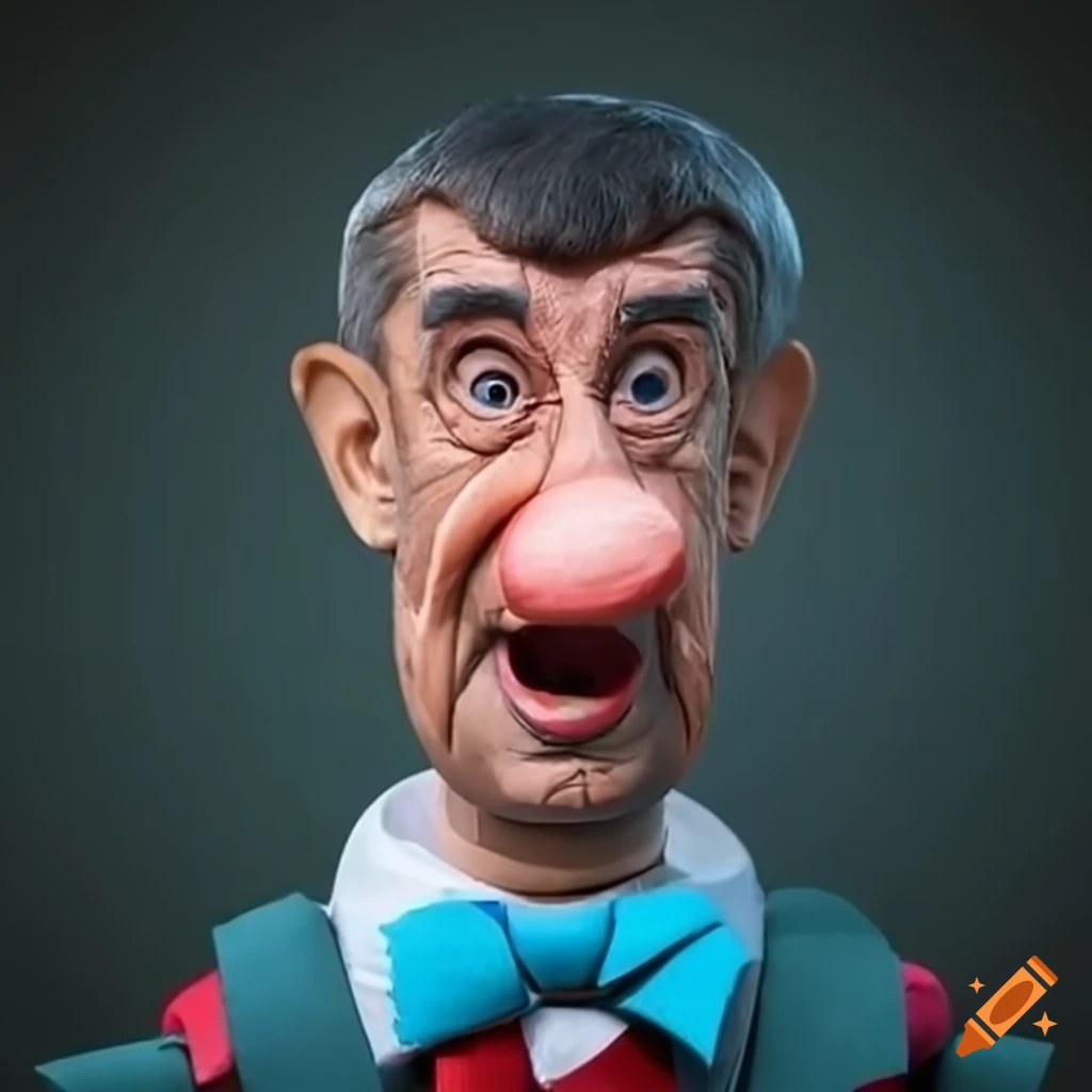 Andrej Babiš with a long nose resembling Pinocchio, in a wooden puppet style on Craiyon
