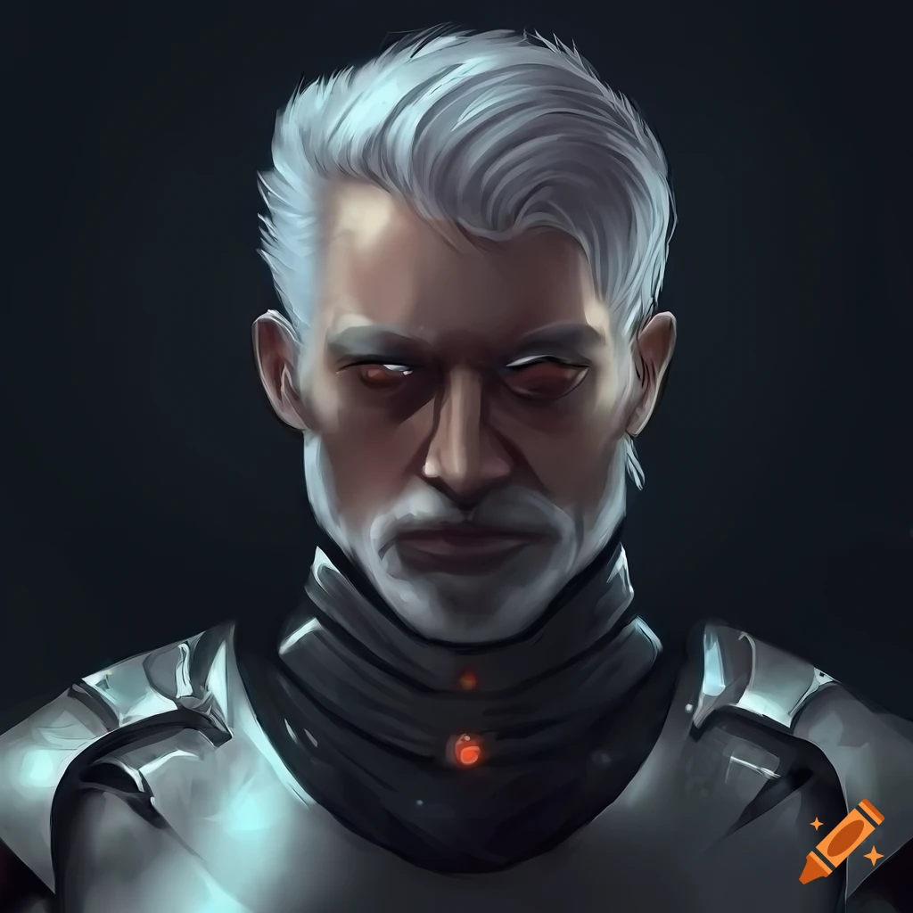 Sci-fi human with elegant black armor and grey facial hair, digital art ...