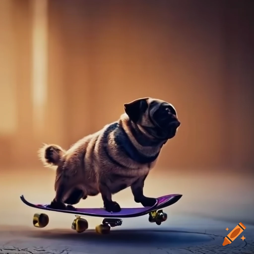 Pug riding a skateboard on Craiyon