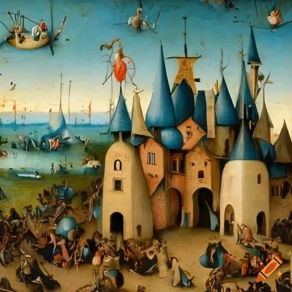 Surrealist medieval village scene inspired by Hieronymus Bosch with ...