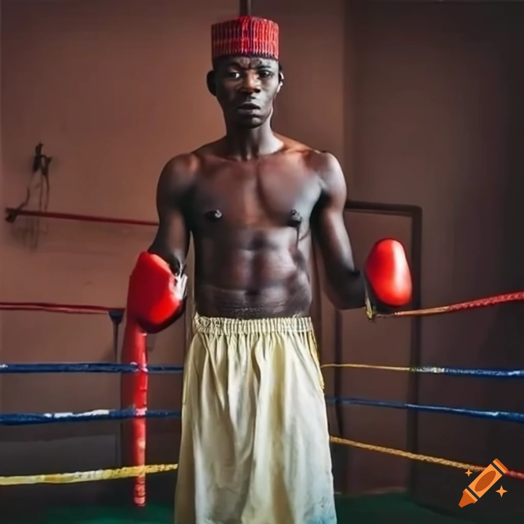 Hausa man in cultural attire training in a boxing gym on Craiyon