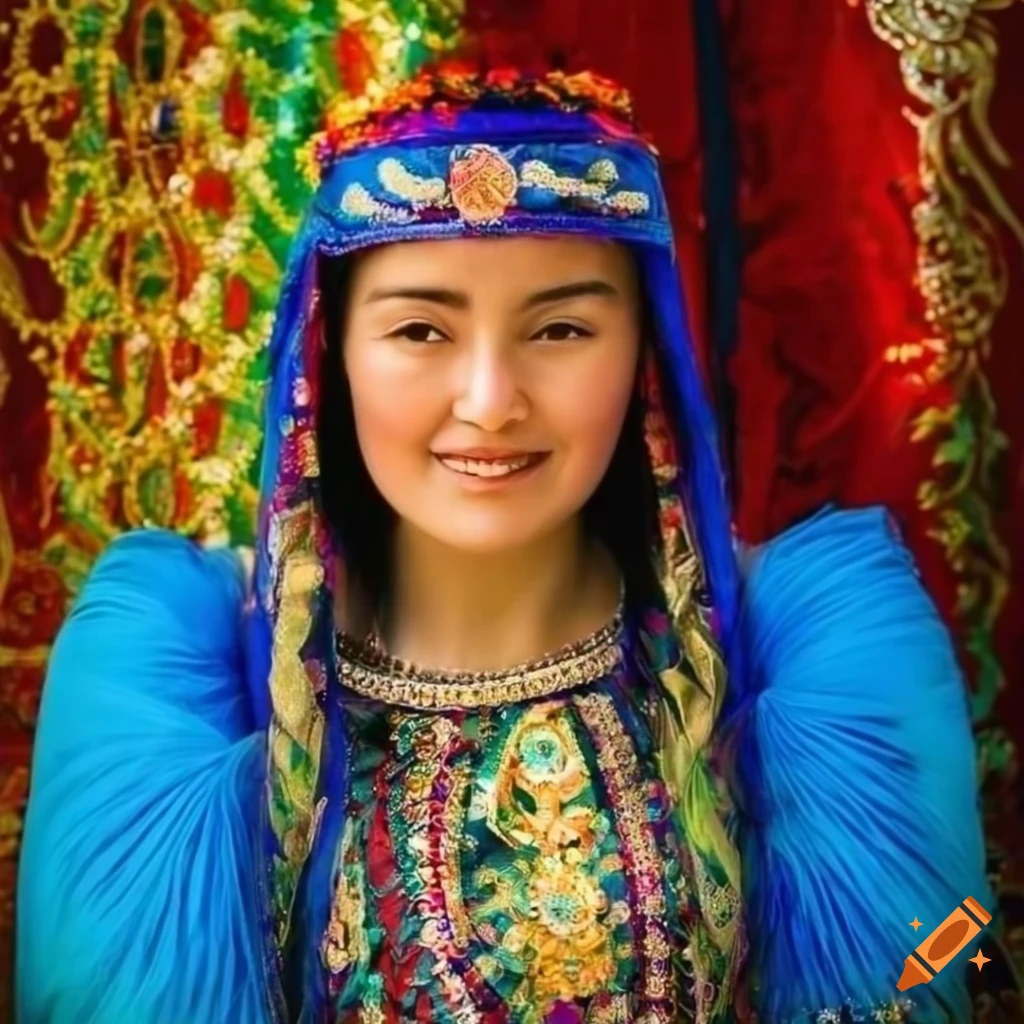 Colorful portrait of a young Uzbek woman in intricate national attire ...