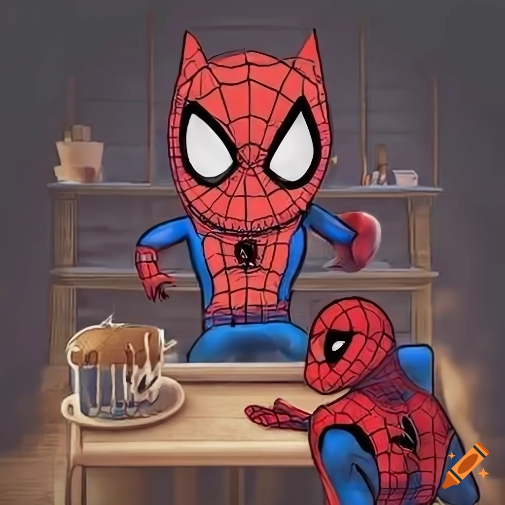 Spider-man with siberian husky dog in a cafe on Craiyon