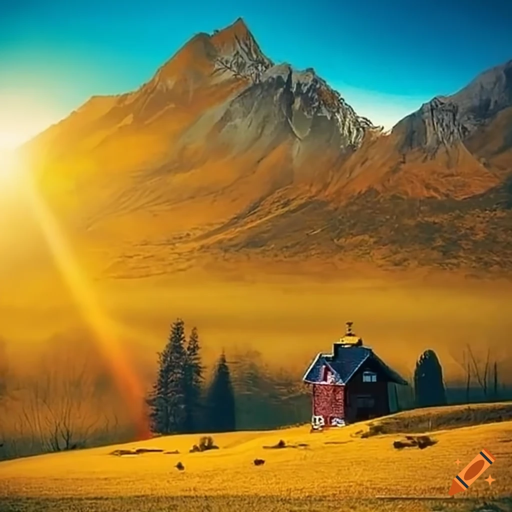 Yellow orange landscape with mountain and house on Craiyon
