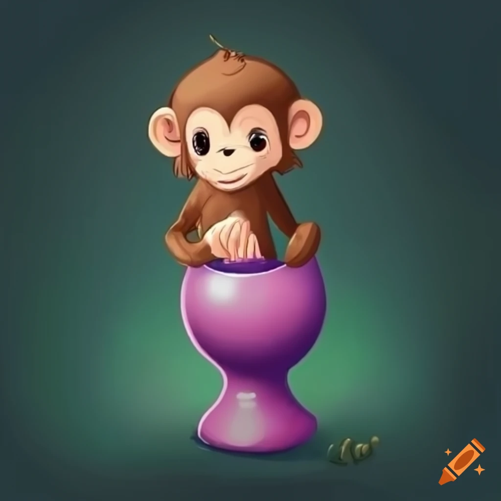 Cartoon monkey with hand stuck in a small vase in the forest on Craiyon