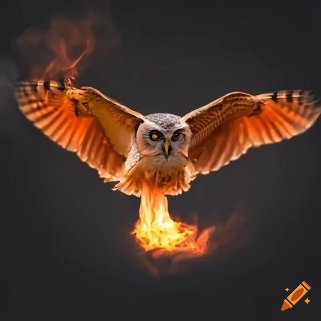 Flying owl with flames on Craiyon
