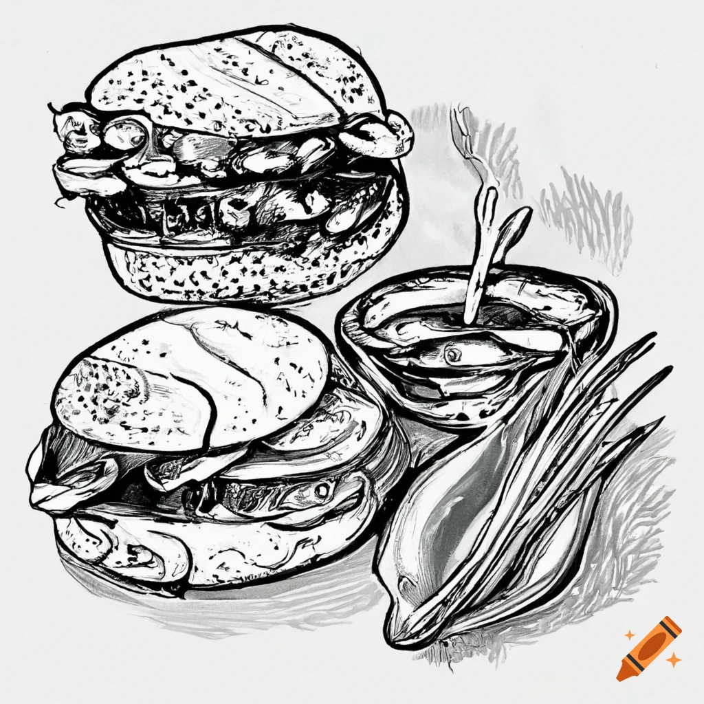 Black and white drawing of various food items on Craiyon