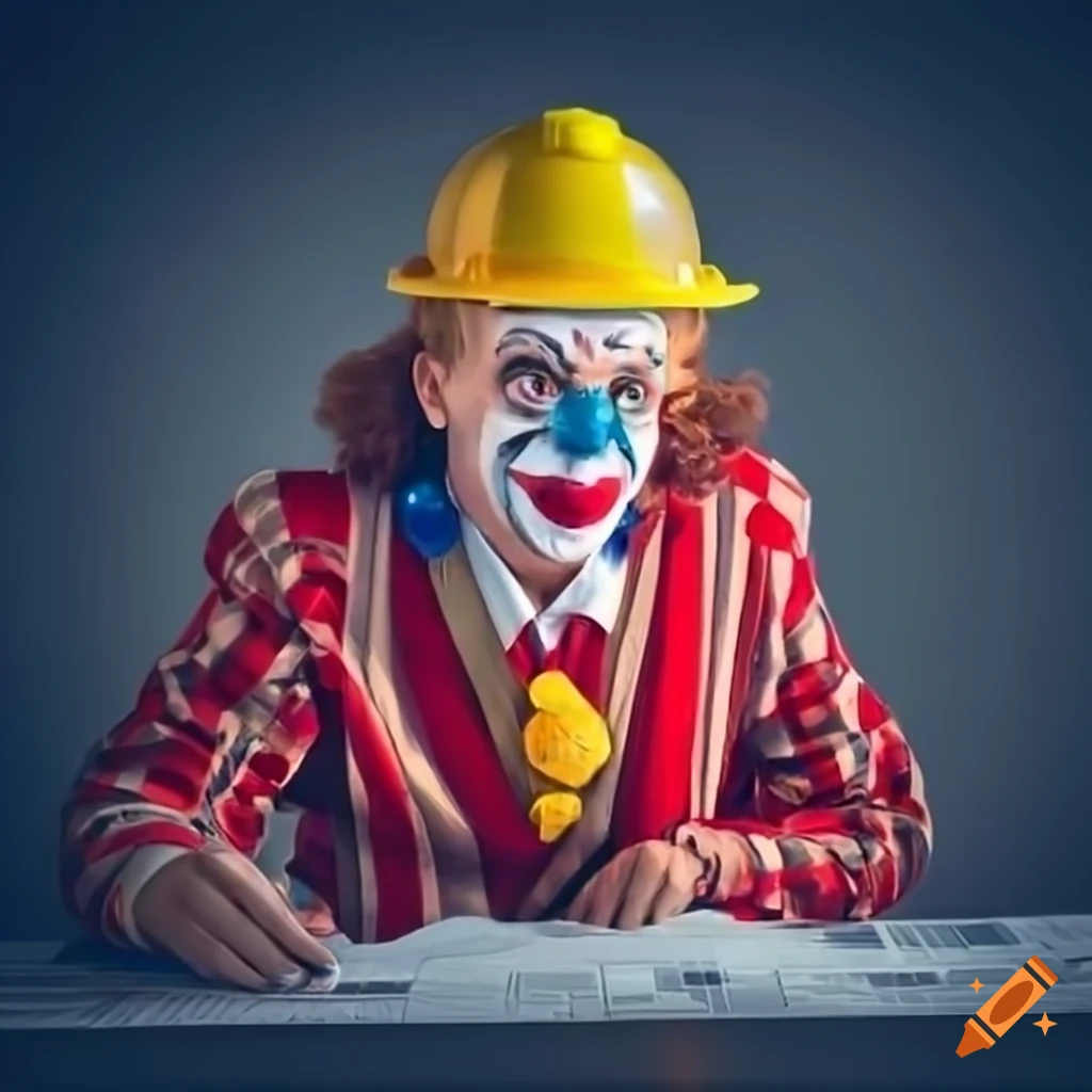 Clown with hard hat studying blueprints at a desk on Craiyon