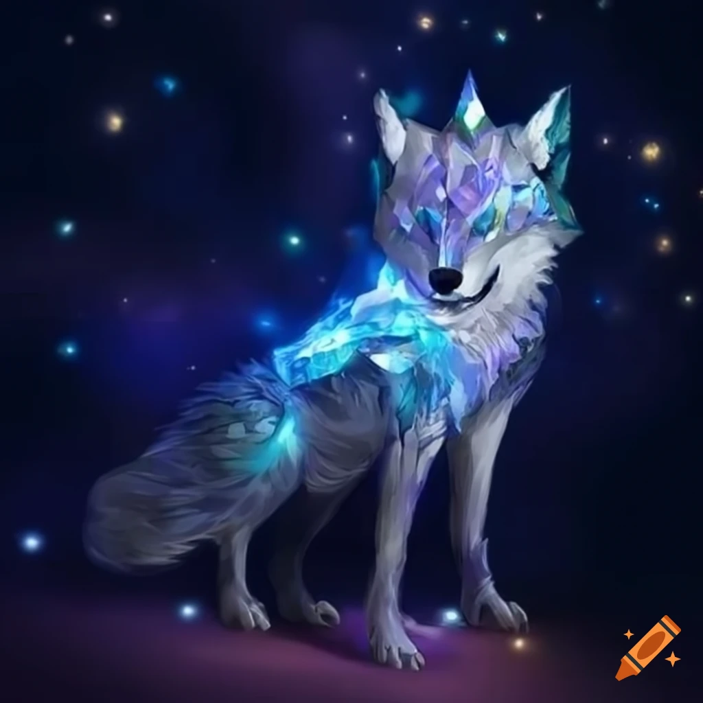 Radiant crystalline wolf made of diamond under a bright star in a ...