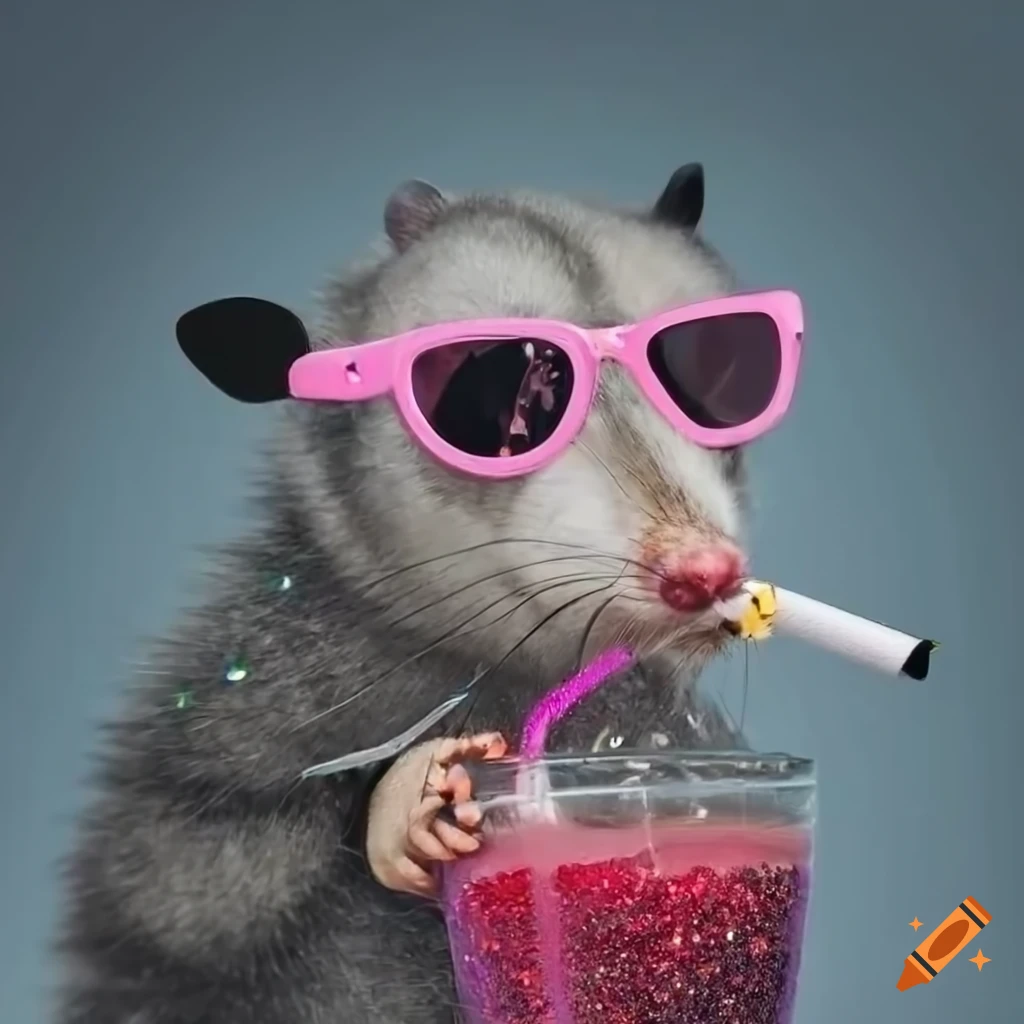 Possum with pink sunglasses holding a lit cigarette and fruity drink on ...
