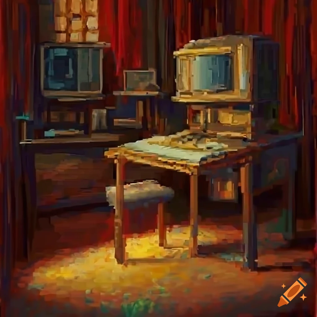 Fantasy nerd bedroom with computer equipment and message 'away from ...